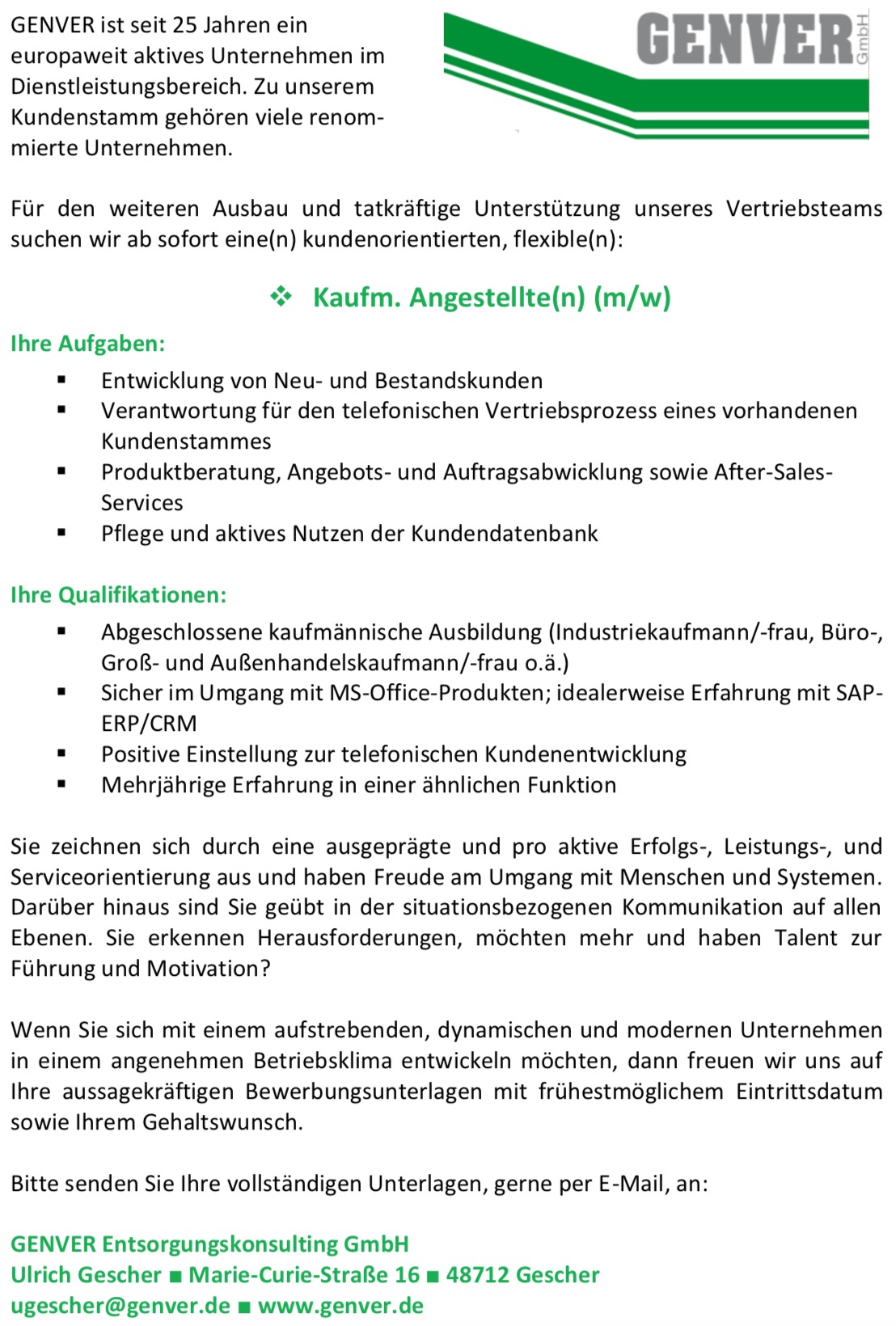 stellenausschreibung_kaufmaennische_stelle - GENVER® GmbH
